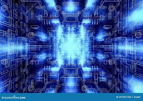 Three Dimensional Illustration Of Luminous Cubes And Cuboids In A Blue Environment In Central