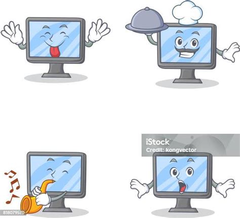 요리사 나 팔 밖으로 혀로 모니터 문자 집합이 놀라게 벡터 일러스트 레이 션 감정에 대한 스톡 벡터 아트 및 기타 이미지