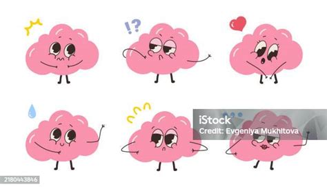 다양한 감정을 가진 분홍색 뇌 캐릭터 세트 만화 스타일의 벡터 그림 감정에 대한 스톡 벡터 아트 및 기타 이미지 감정 건강관리와 의술 건강한 생활방식 Istock