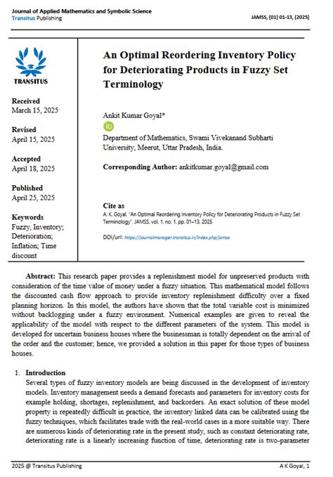 Journal Of Applied Mathematics And Symbolic Science
