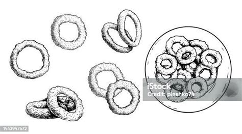 손으로 그린 양파 튀김 링 세트 스케치 스타일 패스트 푸드 수집 메뉴 및 패키지 디자인에 가장 적합합니다 벡터 삽화입니다 양파 링에 대한 스톡 벡터 아트 및 기타 이미지