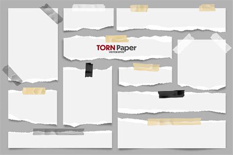 흰색 찢어진 종이 스트립 컬렉션 찢어진 가장자리와 접착제 테이프로 사실적인 종이 스크랩 스티커 노트 노트북 페이지의 조각 벡터 일러스트레이션 종이에 대한 스톡 벡터 아트 및