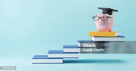 책 계단에 졸업 모자를 쓴 안경을 쓴 돼지 저금통의 교육 컨셉 디자인 3d 렌더링 돼지 저금통에 대한 스톡 사진 및 기타 이미지 돼지 저금통 졸업식 안경 Istock