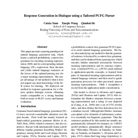 Response Generation In Dialogue Using A Tailored Pcfg Parser Acl