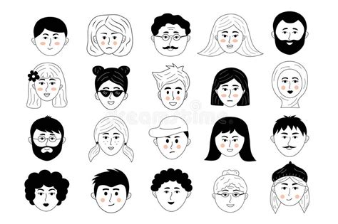 Human Faces Doodle Set People Avatars Of Different Sex Nationality Age Stock Vector