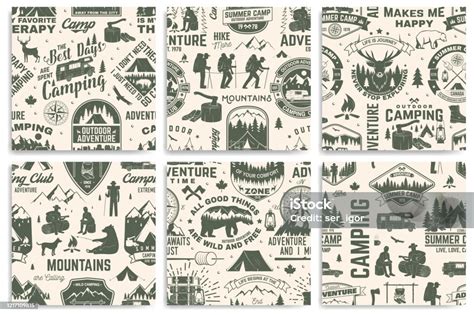여름 캠프 의 세트 원활한 패턴 배경 벡터 Rv 트레일러 텐트 산 캠프 파이어 등산객과 숲 실루엣 복고풍 타이포그래피 디자인