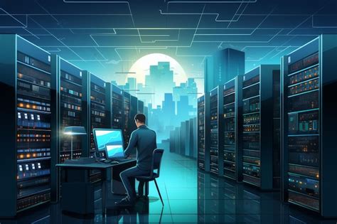 Premium Photo Man Working At Computer In Server Room