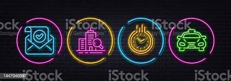 검사 확인 메일 및 시간 최소 라인 아이콘 웹 응용 프로그램 인쇄용 네온 레이저 3d 조명 벡터 건축에 대한 스톡 벡터 아트 및 기타 이미지 Istock