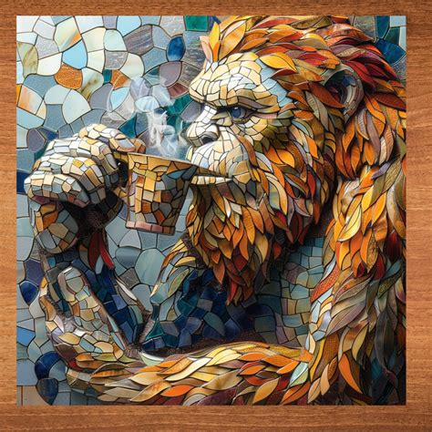 Sasquatch Drinking Coffee Stained Glass Look Art On Glossy Ceramic Tile Tileful Artful Display