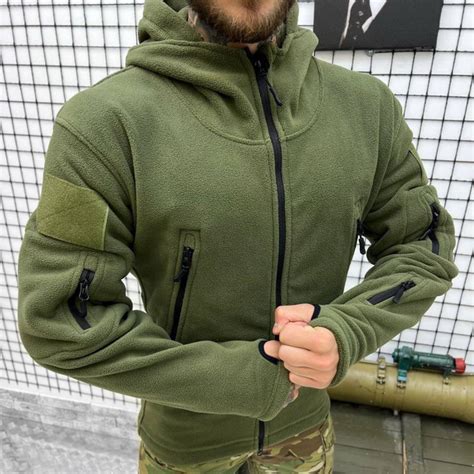 Чоловіча флісова Кофта із Капюшоном та Липучками під шеврони Щільна Фліска олива розмір 2xl