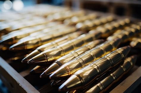 Close Up Of New Artillery Shells In Military Warehouse Metal Ammunition Stored At Weapons