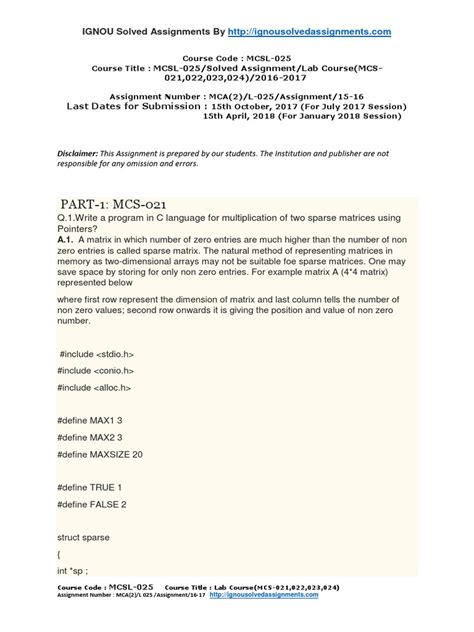 mcsl 025 lab course mcs 021 022 023 024 pdf matrix mathematics areas of computer science
