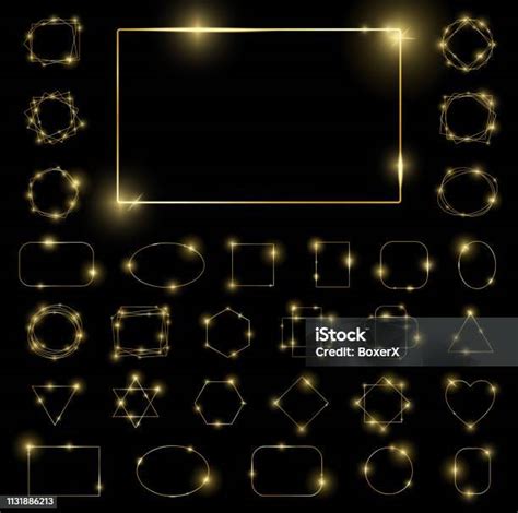 골드 반짝 빛나는 프레임 검은 배경에 고립의 메가 팩 럭셔리 현실적인 사각형 사각형 원형 타원형 삼각형 테두리의 팩입니다 장식