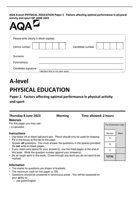 AQA A Level PHYSICAL EDUCATION Paper 2 Factors Affecting Optimal Performance In Physical