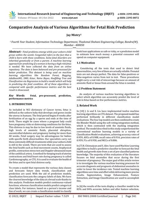 Comparative Analysis Of Various Algorithms For Fetal Risk Prediction Pdf