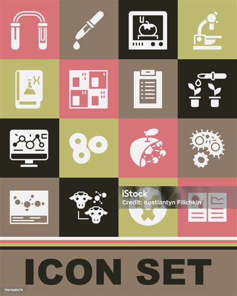 임상 기록 바이러스 파이펫 및 식물 3d 프린팅 기술 정기 표 유전 공학 서적 테스트 튜브 플라스크 및 아이콘을 설정합니다 벡터 Dna에 대한 스톡 벡터 아트 및 기타