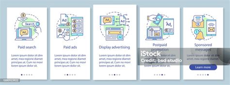 선형 개념으로 모바일 앱 페이지 화면을 온보딩하는 Ppc 채널 미디어 마케팅 광고 네트워크 연습 단계 그래픽 지침 Ux Ui 그림이 있는 Gui 벡터 템플릿 설계도에 대한