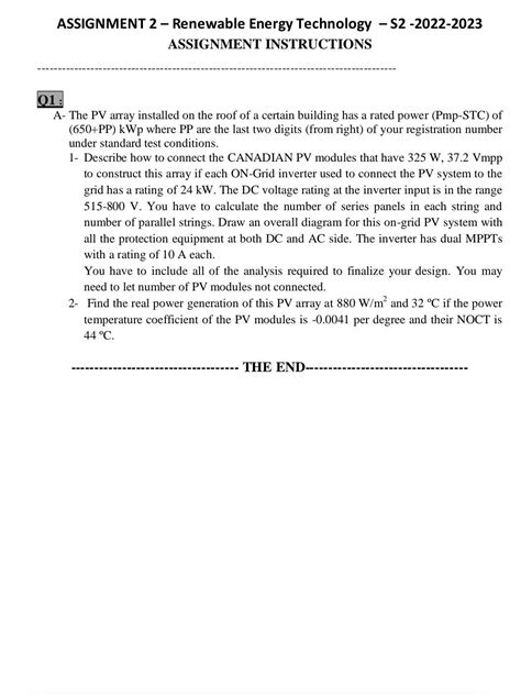 Solved Assignment 2 Renewable Energy Technology S2