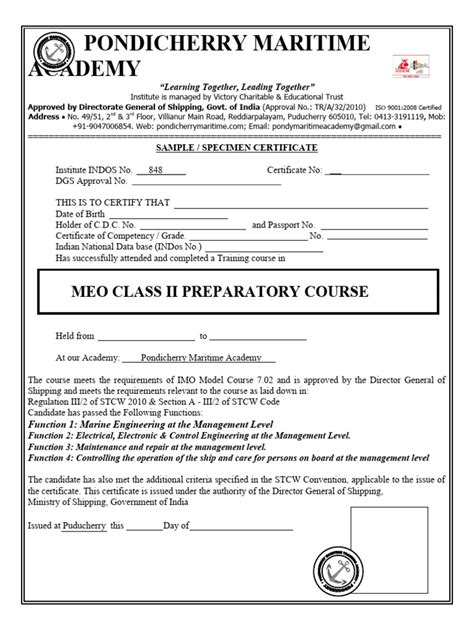 Meo Class Ii Specimen Certificate Pdf