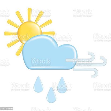 일기 예보 요소 아이콘 기호 기상학의 현실적인 3d 디자인 장식적인 3d 황금빛 태양과 푸른 구름 비 바람 흰색 배경에 분리된 만화 벡터 그림 3차원 형태에 대한 스톡 벡터