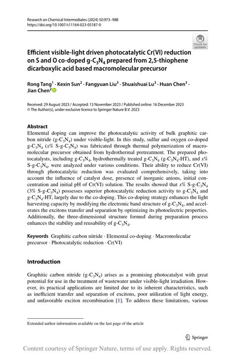 Efficient Visible Light Driven Photocatalytic Crvi Reduction On S And O Co Doped G C3n4