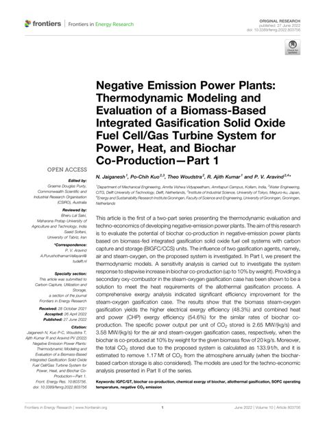 Pdf Negative Emission Power Plants Thermodynamic Modeling And Evaluation Of A Biomass Based