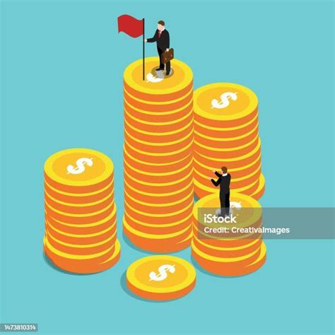 붉은 깃발 3d 아이소메트릭으로 동전 더미에 서 있는 사업가 3차원 형태에 대한 스톡 벡터 아트 및 기타 이미지 3차원 형태 개발 결정 Istock