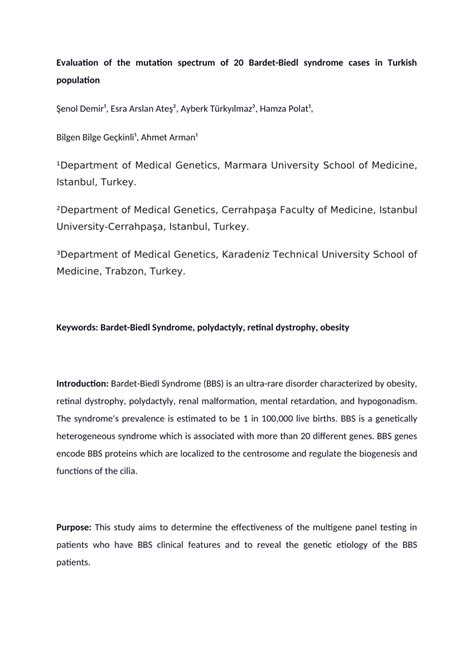 Pdf Evaluation Of The Mutation Spectrum Of 20 Bardet Biedl Syndrome Cases In Turkish Population