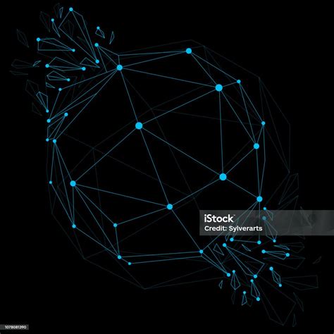 파란색 연결 라인 둥근 벡터 차원 와이어 프레임 발광 개체 모양 굴절 및 잔해 철거 3d 메쉬 글로벌 기술 요소 조각으로 깨진입니다 변경에 대한 스톡 벡터 아트 및 기타