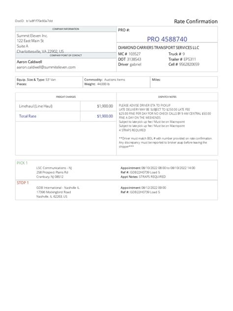 Pro 4588740 Rate Confirmation Pdf Cargo Supply Chain Management