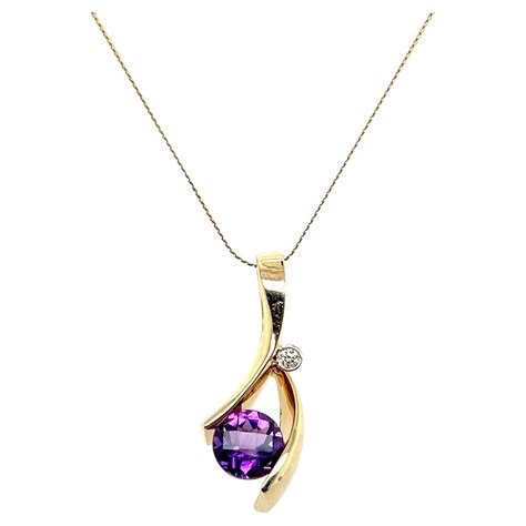 Contemporary 2 Carat Round Amethyst And Diamond 14k Yellow Gold Pendant