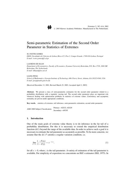 Pdf Semiparametric Estimation Of The Second Order Parameter In Statistics Of Extremes