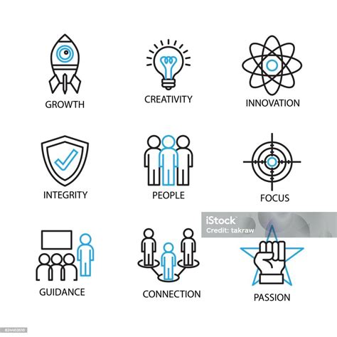 현대 얇은 라인 아이콘 및 그림 비즈니스 핵심 가치 개념 평면 얇은 라인 설계 벡터 일러스트 레이 터 개념에 대한 스톡 벡터 아트 및 기타 이미지 Istock