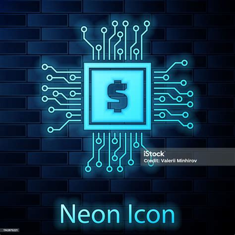 벽돌 벽 배경에 고립 달러 아이콘 빛나는 네온 프로세서 칩 Cpu 중앙 처리 장치 마이크로칩 마이크로 회로 컴퓨터 프로세서 칩 벡터 일러스트 Cpu에 대한 스톡 벡터 아트