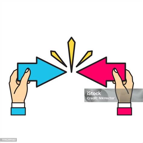이해 상충 비즈니스 개념입니다 화살표는 빨간색과 파란색으로 서로 에 대해 벡터 일러스트 플랫 디자인입니다 흰색에 고립경쟁력 기호 Political Party에 대한 스톡
