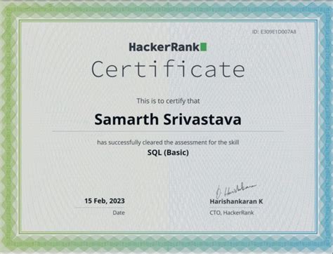 Samarth Srivastava On Linkedin Connections Sqlbasic Hackerrank Mysql Certificate Database