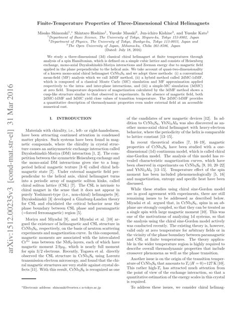 Pdf Finite Temperature Properties Of Three Dimensional Classical Chiral Helimagnets