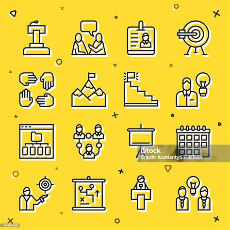 램프 전구 달력 인간 식별 배지 산 깃발 프로젝트 팀 기지 무대 스탠드 또는 트리뷴 및 계단 마감 아이콘이 있는 사람들을 설정합니다 벡터 Brand Name Online