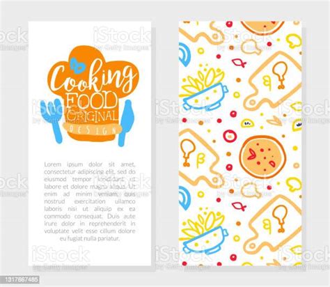 텍스트 요리 학교 클래스 블로그 전단지 카드 주방용품 기구와 조리 재료 원활한 패턴 벡터 일러스트와 함께 요리 식품 카드 템플릿 독일에 대한 스톡 벡터 아트 및 기타 이미지