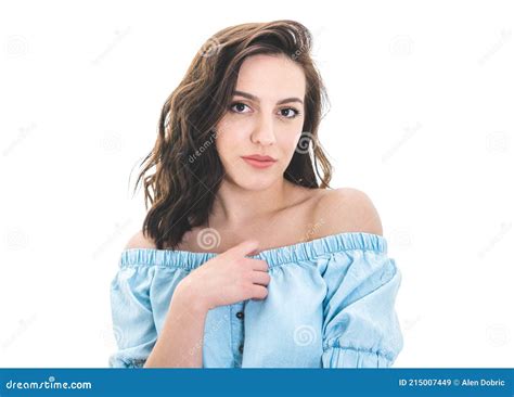 Head And Shoulders Shot Of Beautiful Young Woman Isolated On White Background Front View Stock