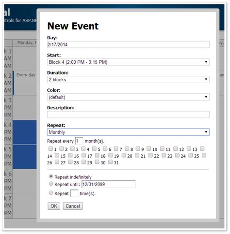 Aspnet Timetable With Recurring Events C Vbnet Sql Server Daypilot Code