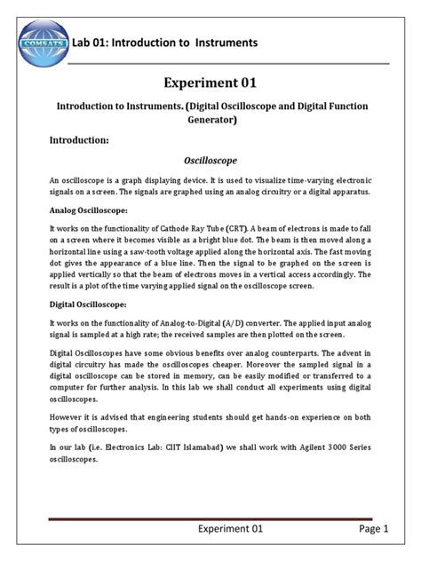 Experiment 01 Lab 01 Introduction To Instruments Pdf Amplitude