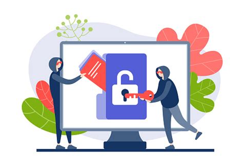 해커는 해킹및 웹 정보 플랫 벡터 일러스트를 훔치는 후드의 문자는 가상 보호를 엽니 다 개인 데이터가폴더를 빼앗아 가상현실에 대한 스톡 벡터 아트 및 기타 이미지 Istock