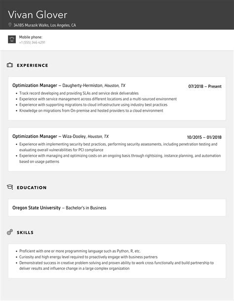Optimization Manager Resume Samples Velvet Jobs