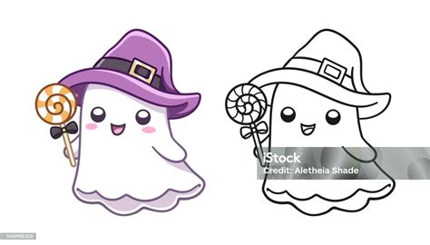 귀여운 유령은 사탕 색깔과 윤곽선 낙서 만화 일러스트 세트를 들고 마녀 모자를 쓰고 있습니다 할로윈 트릭 또는 어린이와 성인을위한 색칠 공부 책 페이지 활동을 치료합니다 0