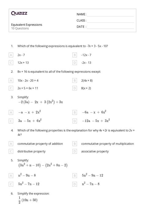 50 Equivalent Expressions Worksheets For 7th Grade On Quizizz Free
