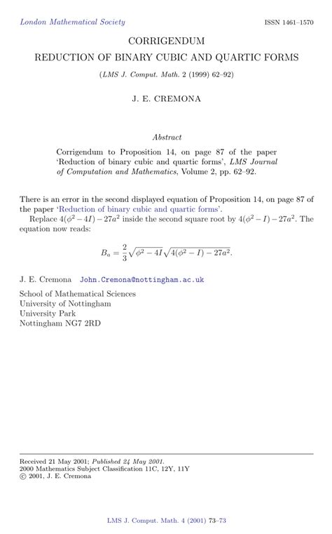 Pdf Reduction Of Binary Cubic And Quartic Forms