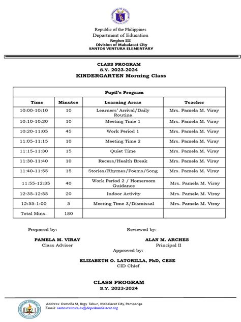 Kinder Class Program 2023 2024 Final Pdf
