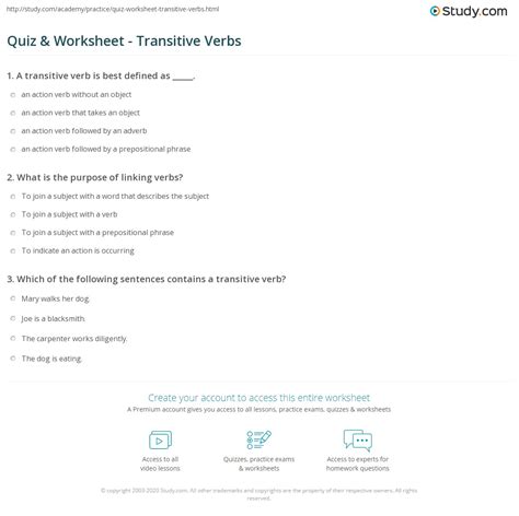Quiz Worksheet Transitive Verbs Study