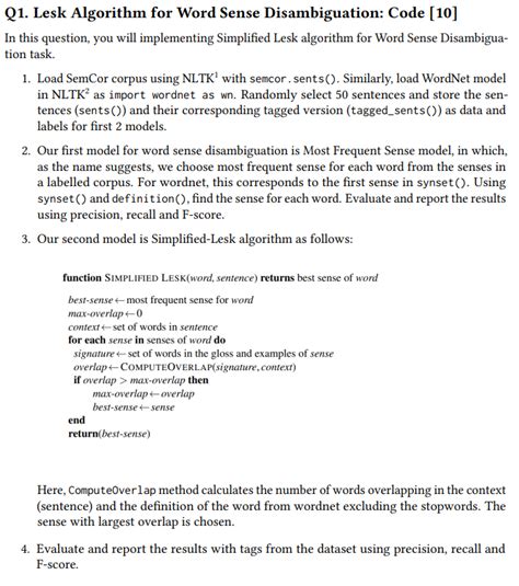 Solved Q1 ﻿lesk Algorithm For Word Sense Disambiguation